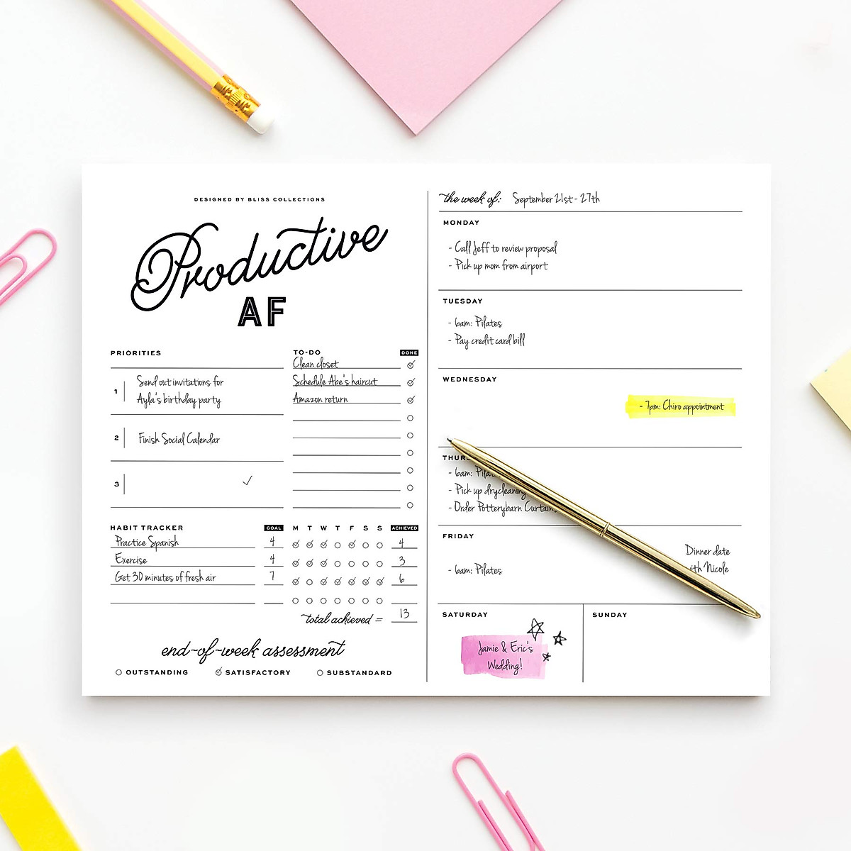 Bliss Collections Weekly Planner, Productive AF, Undated Tear-Off Sheets Notepad Includes Calendar, Organizer, Scheduler for Goals, Tasks, Ideas, Notes, To Do Lists and Habit Tracker, 8.5"x11" (50 Sheets)