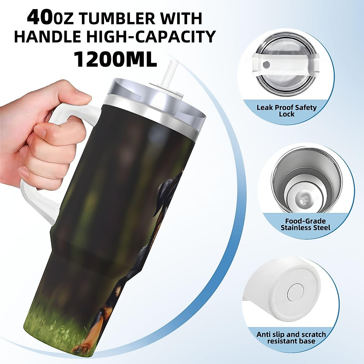 VANTUT Rottweiler Wallpaper 40oz Ice Bully With Handle Portable For Hot Cold Drinks,Travel, Gym,Home,And Outdoor Activities