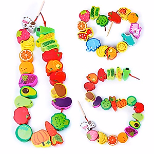 Montessori Educational Wooden Lacing Beads Toys for Toddler 3 4 5 Year Old, Farm Animals Fruits Vegetables Threading Toys Preschool Stringing Fine Motor Skills Toy for Boys Girls [with 3D Stickers]