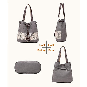 Women Printing Canvas Shoulder Bag Casual Hand Bags Purse Retro Tote Bags (Black) Medium