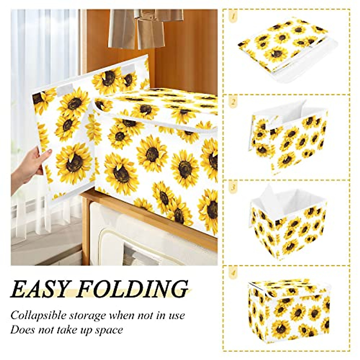 stargrass Foldable Storage Bin Fabric Decorative Storage Box with Lid and Handles,Flower Sunflower Yellow Collapsible Storage Basket 11.8x12.6x16.5 Inch