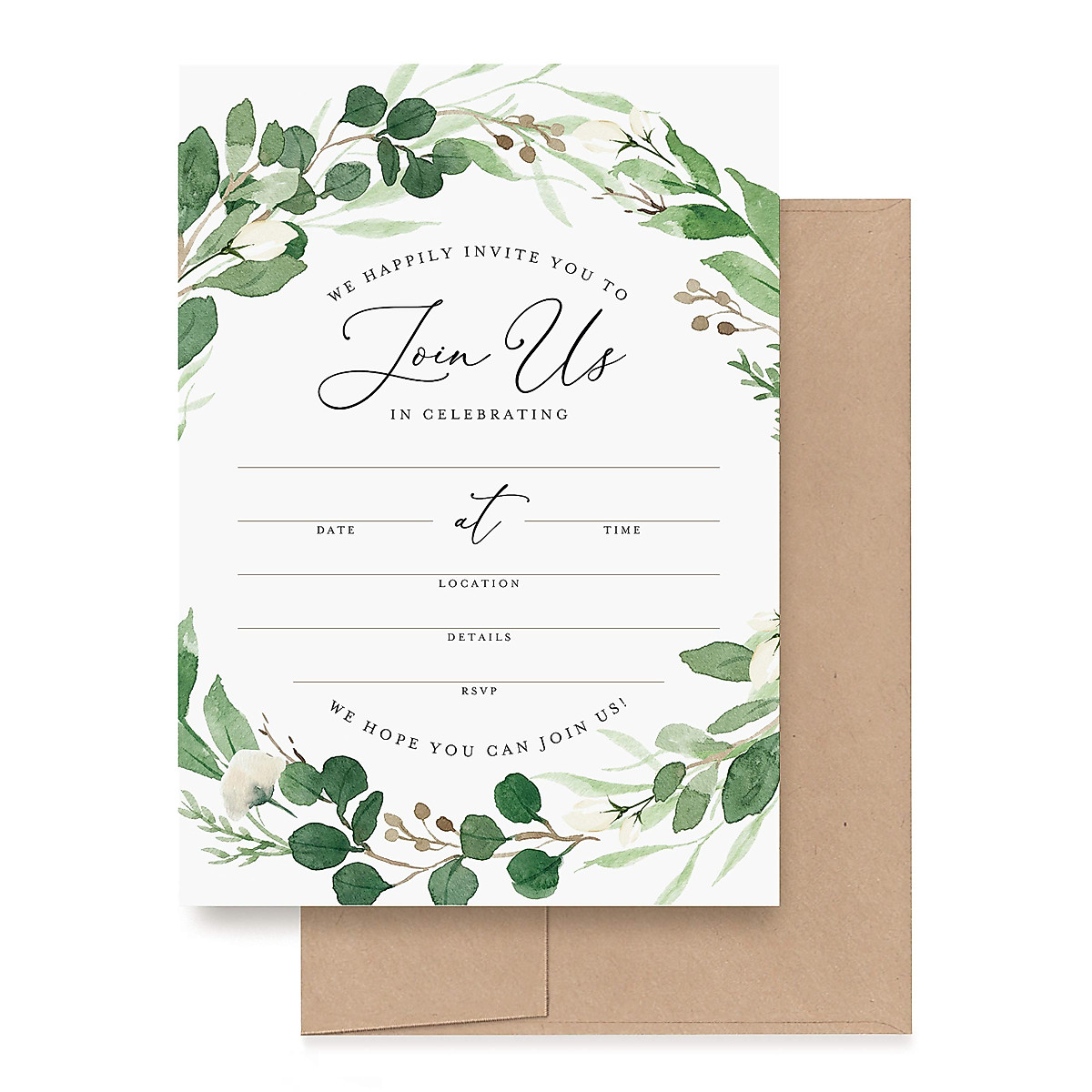 Bliss Collections Invitations with Envelopes for All Occasions, Invites Perfect for: Weddings, Bridal Showers, Engagement, Birthday Party or Special Event, Pack of 25 5x7 Cards - Eucalyptus
