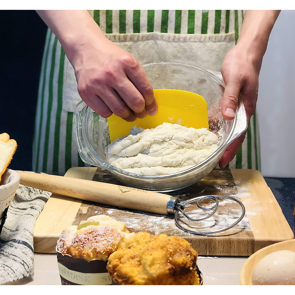 Torwood Danish Dough Whisk Bread Mixer Large 13.5 inches Stainless Steel Wooden Dutch Hook for Baking, Loaves, Pastries and Pizza, comes with a Dough Scraper