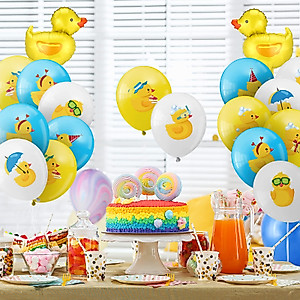 Sratte 40 Pcs Duck Balloon Rubber Duck Party Decorations 12 Inch Duck Shape Foil Balloons Blue Pink Yellow White Latex Balloon for Baby Shower Rubber Duck Themed Birthday Party Supplies (Shower)