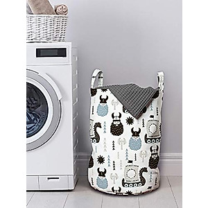 Ambesonne Scandinavian Laundry Bag, Viking Longboat Design Cartoon Style Character Illustration, Hamper Basket with Handles Drawstring Closure for Laundromats, 13" x 19", Black Pale Blue Grey