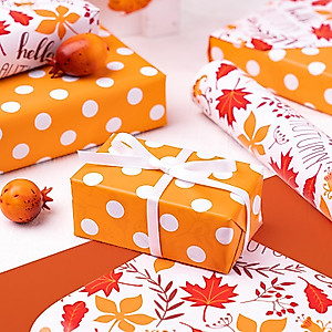 WRAPAHOLIC Reversible Autumn Wrapping Paper - Mini Roll - 17 Inch X 33 Feet - Maple Leaf and Orange Polka Dots Autumn Design for Fall Celebrating, Holiday, Party