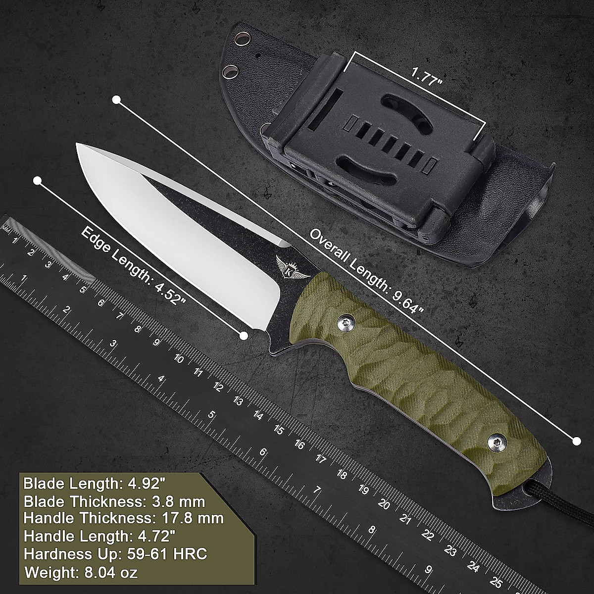KOMWERO Fixed Blade Knife with Kydex Sheath, 4.52" Blade D2 Steel, Full Tang Knife with Green G10 Handle, Outdoor Hunting Camping Knife for Survival Hiking Bushcraft Fishing