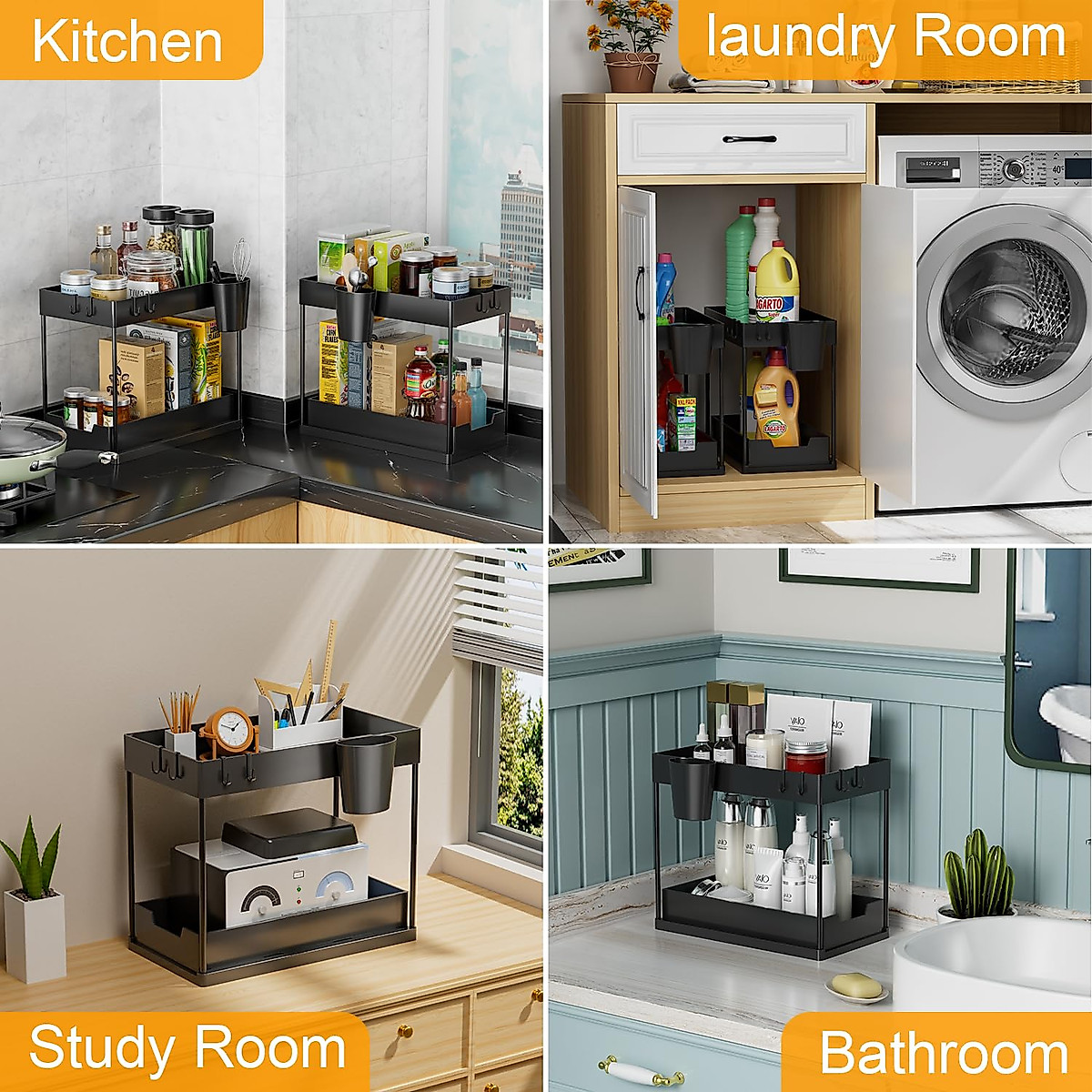 GORLDE Under Sink Organizers and Storage,2 Tier undersink organizers with Pull Out Sliding Drawers,Multi-purpose Bathroom Kitchen Under Cabinet Organizer with Hooks Hanging Cup,Black