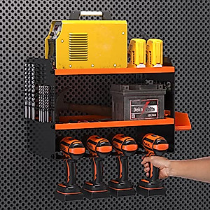 QZER Power Tool Organizer Wall Mount - Heavy Duty Drill Holder with 4 Drill Storage Slots & 2 Large Capacity Compartments, Cordless Drill Storage Rack & Garage Drill Charging Station