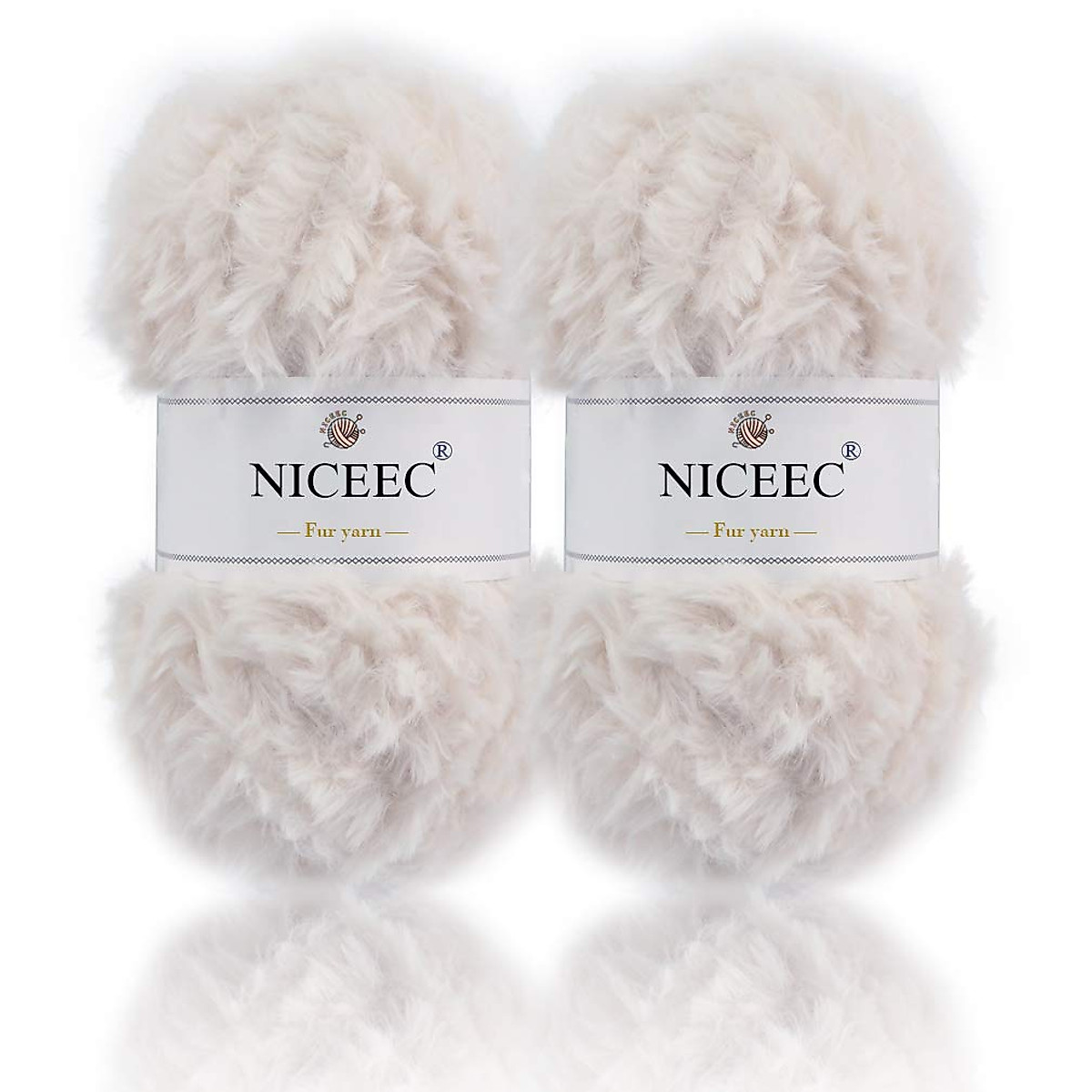 NICEEC 2 Skeins Faux Fur Yarn Super Soft, Chunky & Fluffy, Eyelash Yarn for Crochet & Knitting (Total Length 70yds,3.53oz) - White