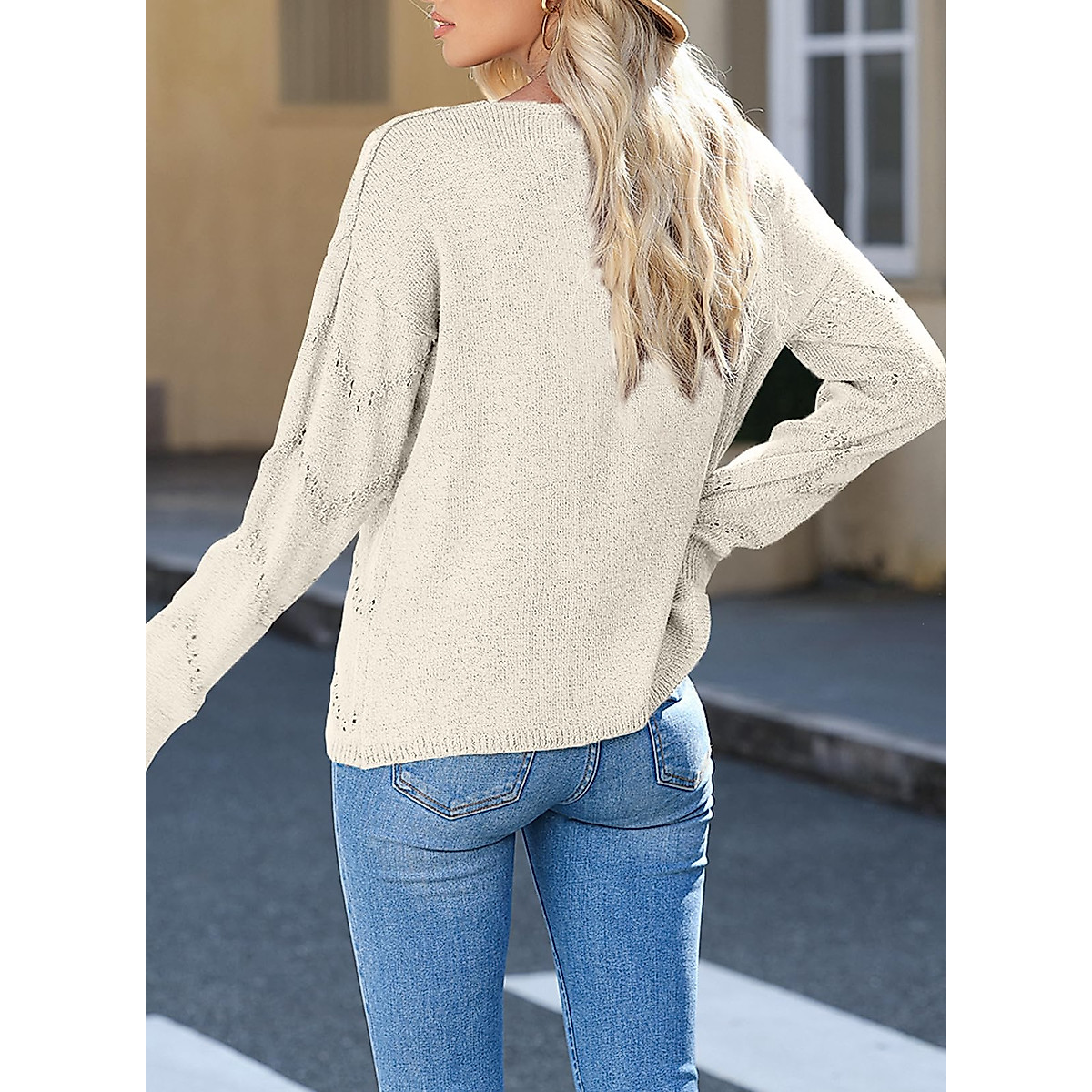 EVALESS Fall Sweaters for Women 2024 Knit Top Long Sleeve White Sweaters Blouses for Women Dressy Casual Sexy Summer Sweaters for Women Lightweight Outfits Clothes Sexy V Neck Crochet Tops, Medium