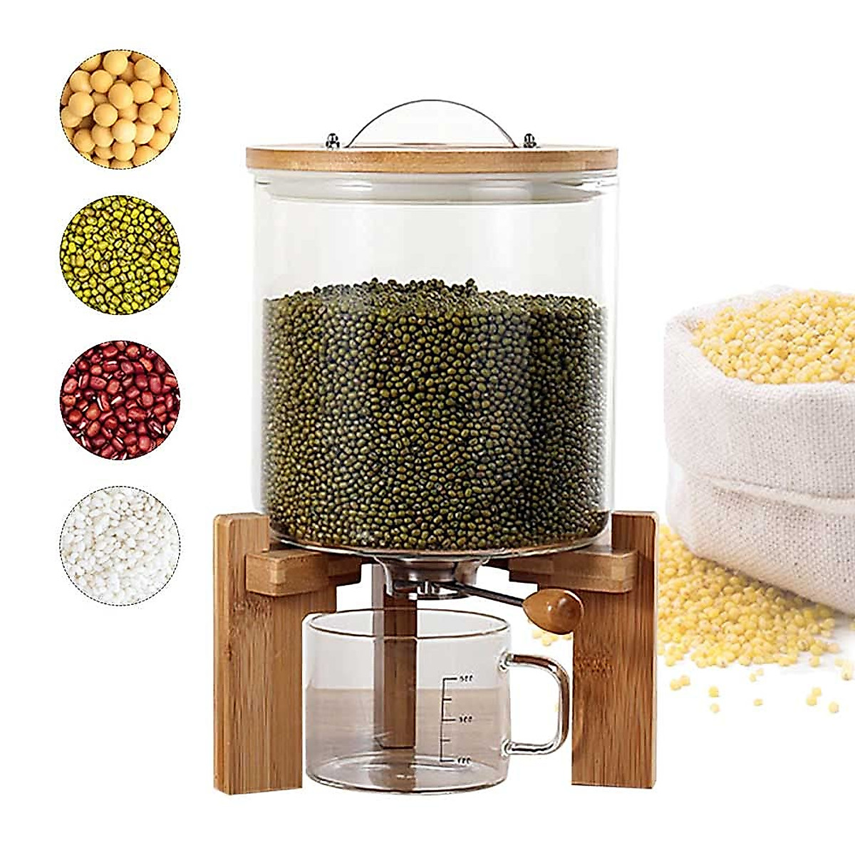 PIOJNYEN Rice Dispenser, Food Storage Containers, Glass Grain Container with Airtight Bamboo Lids & Wooden Stand, Rice Container Cereal Dispenser Bucket for Kitchen Soybean Corn (Style 11)
