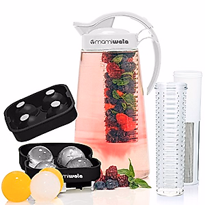 Fruit & Tea Infusion Water Pitcher - Free Ice Ball Maker - Free Infused Water Recipe Booklet - Includes Shatterproof Jug, Fruit Infuser and Tea Infuser