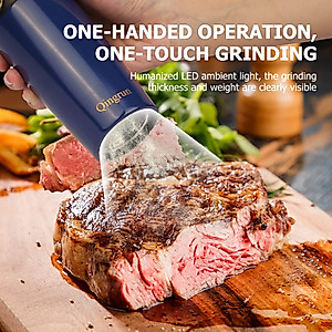 Qingrun electric salt or pepper grinder is provided with button control for grinding,battery-powered pepper mill,one-hand operation and white light.Adjustable roughness pepper grinder.Blue