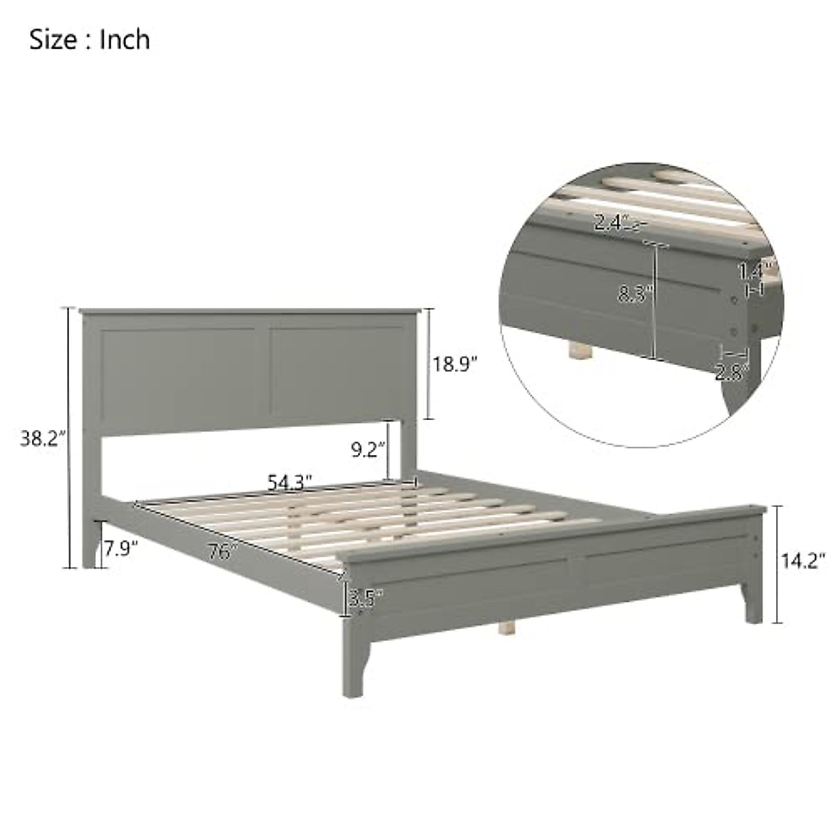 anwickjeff Full Size Bed Frame with Headboard and Footboard, Modern Concise Style White Solid Wood Platform Bed for Kids Teens Adults, No Need Box Spring (Full, Gray)