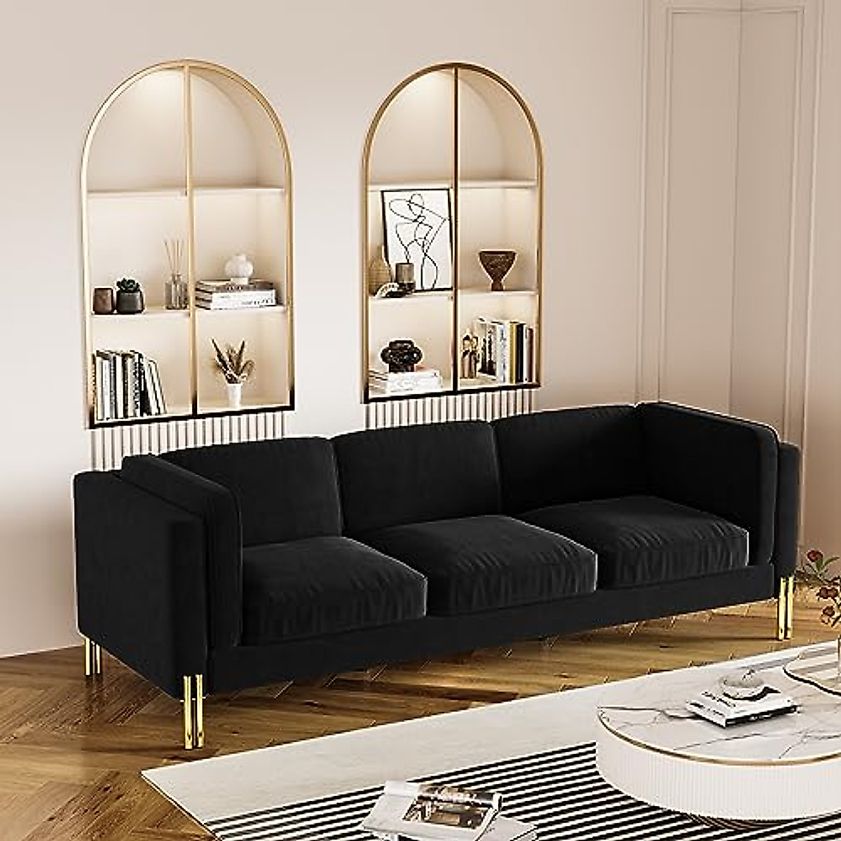LostCat 94" Velvet Sofa, 94" Sofa Chesterfield Velvet Upholstered Mid-Century Modern Loveseat Couches Large Comfort Sofa, Three-seat Living Room Couch for Living Room Apartment, Black