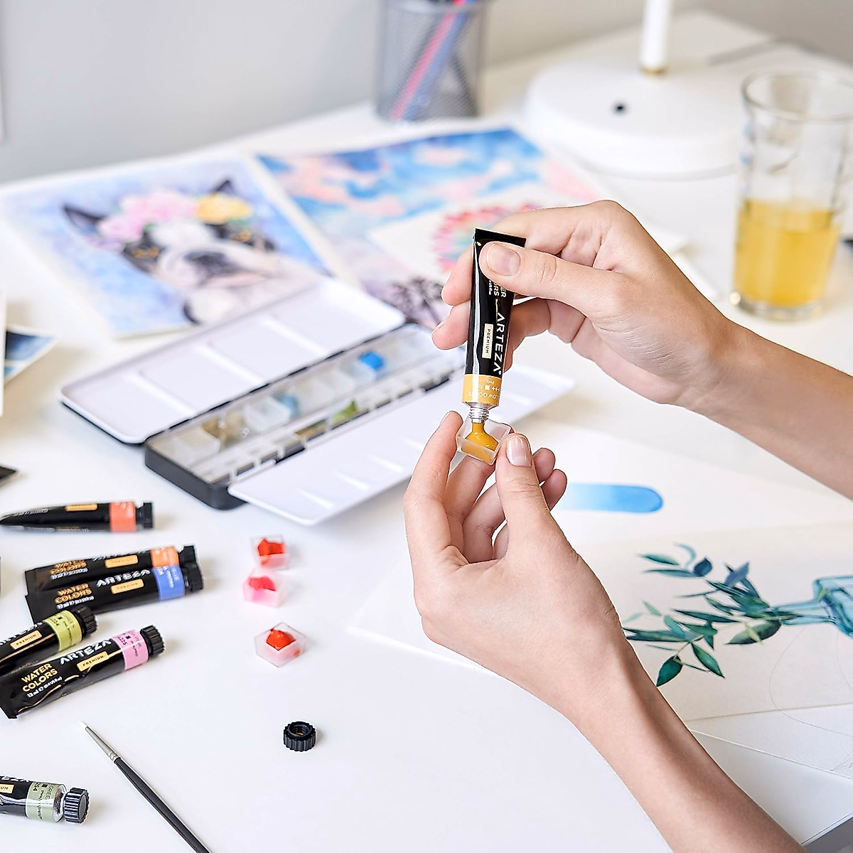 ARTEZA Empty Watercolor Palette Tin, 24 Half Pans, Customizable Portable Empty Half Pans for Watercolor Paints