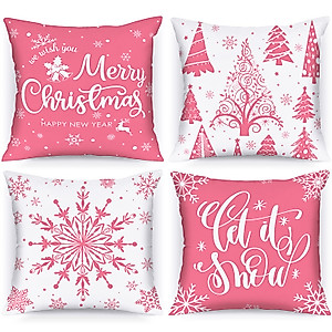 Lanpn White and Pink Christmas Throw Pillow Covers 14x14 Set of 4, 14 inch Decorative Xmas Cushion Covers Pillow Cases 14 x 14 for Home Bedroom Room Holiday Couch Decor Decorations