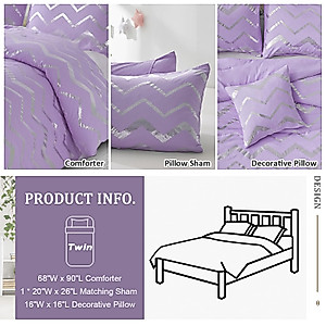 Menghomeus Purple/Silver Comforter Set Twin Lavender Metallic Print Glitter Bed Comforter Cute Shinny Christmas Bedding for Teen Girls Kids Women, 3 Piece (1 Pillowcase, 1 Decorative Pillow Sham)