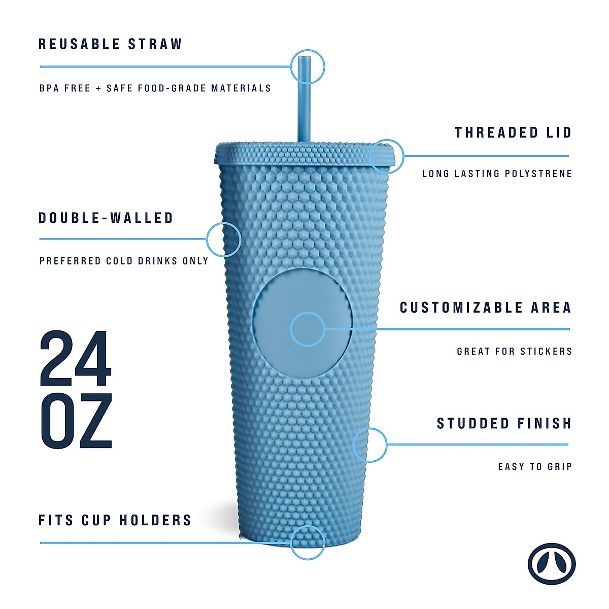 Hogg 24oz Studded Tumbler - Light Blue, Iced Coffee Cups with Lids Reusable, 24 oz Tumbler with Lid and Straw, Venti Reusable Iced Coffee Cup, Bling Cup, DIY Circle for Vinyl or Stickers, Blue Tumbler