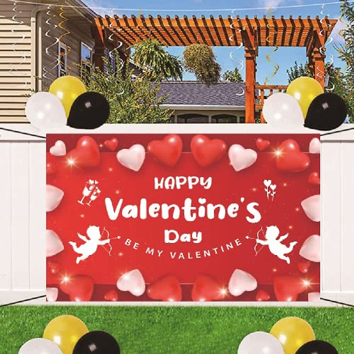 RUIMI Large Size Valentine Banner, Porch Sign with 71''X43.3'',Valentines Decorations Backdrop,Happy Valentines Day Hanging Banners,Valentine's Day Supplies for Home Indoor Outdoor, White