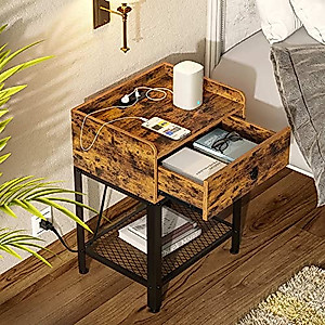 Rolanstar Nightstand with Charging Station and USB Ports, Rustic End Table with Drawer and Metal Shelf for Bedroom, Living Room, Rustic Brown