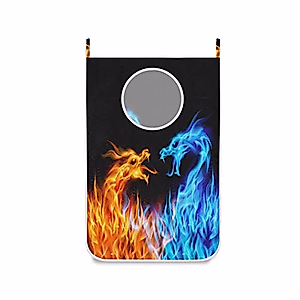 Red Blue Fire Dragon Hanging Laundry Hamper Bag Animal Monster Dirty Clothes Bag,Over The Door Cloth Basket with Hooks, for Bathroom, Bedroom, Storage, Space Saving, Wall, College, Closet