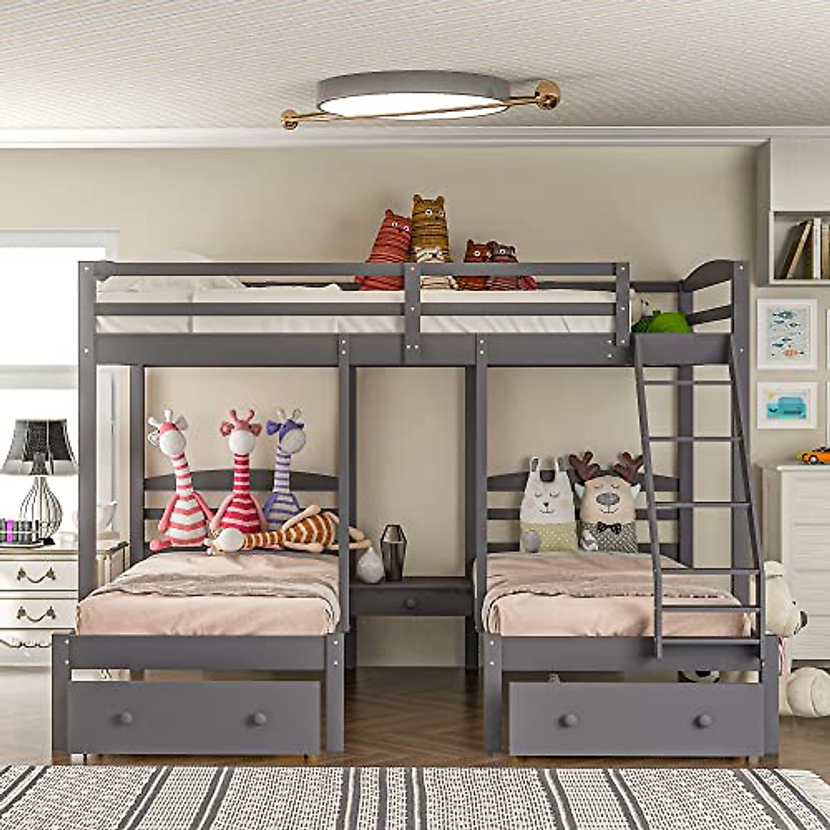 KoiHome Full Over Twin & Twin Bunk Bed with Full-Length Guardrail,Triple Bunk Bed with Built-in Drawers and Solid Slat Support for Teens Bedroom,Space-Saving Design, No Box Spring Needed, Grey