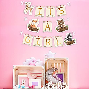 Woodland Animal Creatures ITS A GIRL Banner for Baby Shower Decoration Deer, Fox, Raccoon and Bear / Wild One, Boho Themed Party Supplies