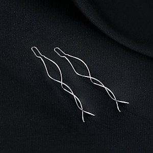 Reffeer Solid 925 Sterling Silver Double Linear Curved Tassel Earrings Threader Drop Dangle Earrings Perfect For Women