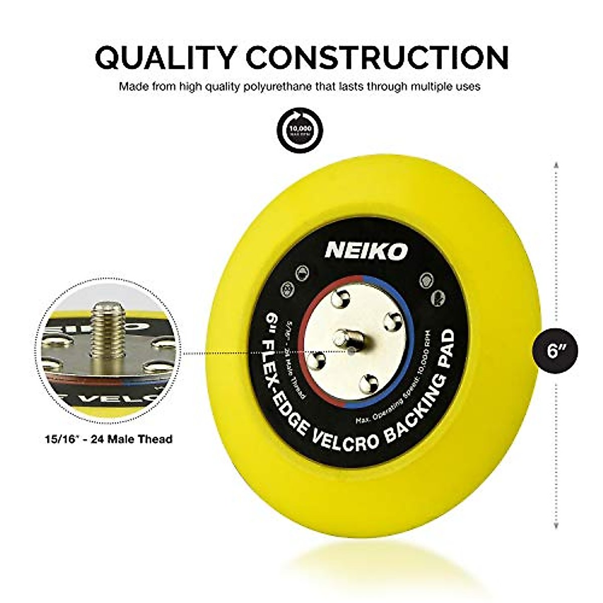 Neiko 30267A Flexible-Edge Hook-and-Loop PU Backing Pad for DA Sander Polisher Buffer, 6 Inches by 5/16 Inches, 24 Thread