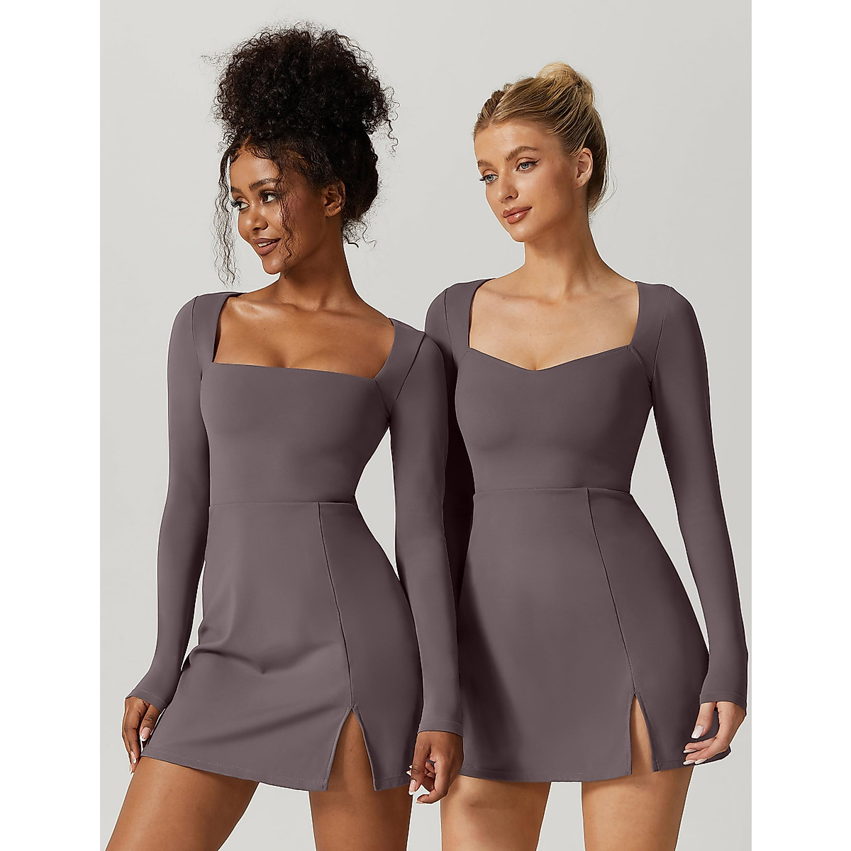 QINSEN Women's Long Sleeve Fall Winter Dress Square Neck High Waist Mini Dress Tea Leaf S