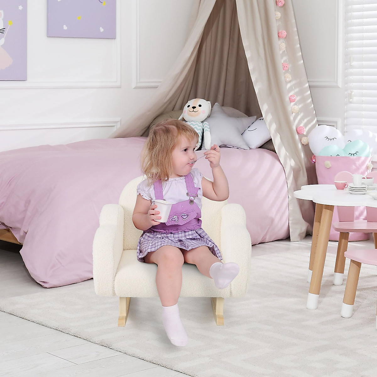 INFANS Kids Sofa, Toddler Rocking Chair with Solid Wooden Frame, Anti-Tipping Design, Plush Fabric, Children Armchair for Nursery Kindergarten Playroom Preschool, Gift for Boys Girls