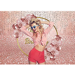 Rose Gold Happy Birthday Backdrop Pink Rose Gold Floral Balloon Rose Gold Bokeh Photography Background Women Sweet Princess Girl 16th 30th Birthday Party Dessert Cake Table Decor Props 7x5FT
