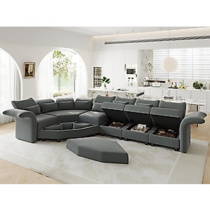 LLappuil Large Faux Leather Fabric Modular Sectional Sofa U Shaped Couch,Oversize U Shaped Leather Sectional Sofa for Living Room,Office,Grey