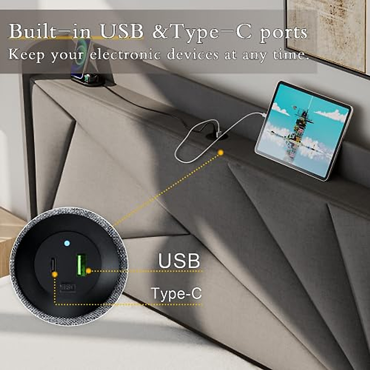 LEMBERI Queen Size Bed Frame with Storage Headboard,Upholstered Platform Bed Frame with Charging Station,Heavy Duty Mattress Foundation with Wooden Slats,No Box Spring Needed, Noise-Free