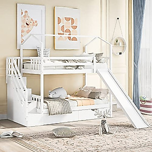 ERDAYE Soild Wood Twin Over Twin House Bunk Bed Frame with Two Drawers, Slide and Storage Staircase,White
