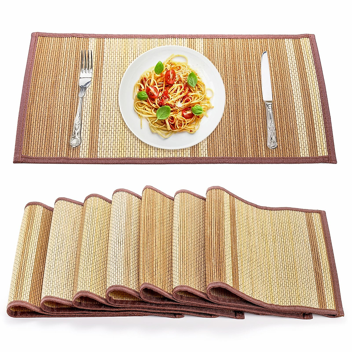 Elsjoy 8 Pack Bamboo Placemat, 17 x 12 Bamboo Slat Mat Natural Dining Table Mat, Japanese Style Bamboo Sushi Roller Mat Anti-Slip Heat-Resistant Brown Table Mats for Dining Room, Kitchen