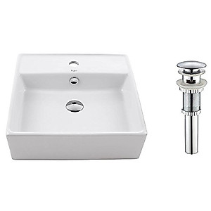 Kraus KCV-150-CH White Square Ceramic Sink and Pop Up Drain with Overflow, Chrome