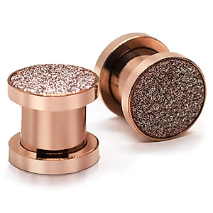 Pierce2GO Rose Gold Plated Sandpaper Ear Plugs Tunnels Stainless Steel Ear Gauges Plugs Tunnels Expanders Earrings with screw on/off closure - Unique Body Piercing