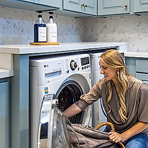 Liquid Laundry Detergent Dispenser for Laundry Room - 2 Decorative 64-Oz PET Plastic Containers with Water-Resistant Labels - Includes Pumps and Screw Caps, Collapsible Funnel, Extra Labels, Measuring Cup & Bamboo Tray