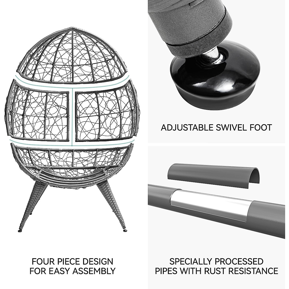 YITAHOME Egg Chair Wicker Outdoor Indoor Oversized Large Lounger with Stand Cushion Leveling Feet Egg Basket Chair 330lbs Capacity for Patio, Garden, Backyard, Balcony-Grey