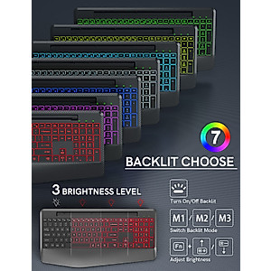 Wireless Keyboard and Mouse with 9 Colored Backlit, Wrist Rest, Jiggler Mouse, Rechargeable Silent Ergonomic Light Up Keyboard Mouse Combo with Phone Holder for Windows, Mac, PC, Laptop