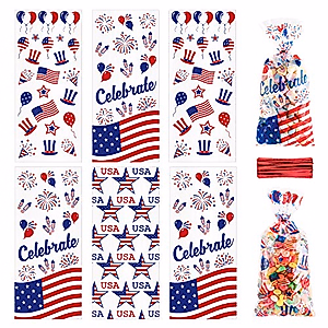 Whaline 150Pcs Patriotic Cello Bag, 11.4" x 5.1" Candy Cellophane Bags with Red Twist Tie, 3 Style 4th of July Gifts Bags Party Favors Treat Bags for Sports Event Independence Day Party Table Setting