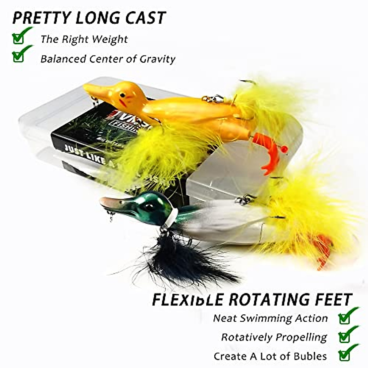 Duck Lure Topwater Fishing Lures Kit for Bass, VMSIXVM 4.75in Baby Duckling Floating Artificial Bait with Splashing Feet and Rooster Bait Tails, Propeller Duck Hard Swimbait for Freshwater Saltwater