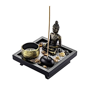 CrystalTears Meditation Zen Garden Set with Buddha Satue, Tea Light Candle Holder, Incense Burner Holder Tabletop Zen Garden Gift for Home Decor