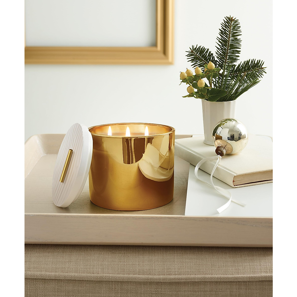 Thymes Frasier Fir Gilded Gold 3-Wick Candle - Scented Candle with a Crisp Just-Cut Forest Fragrance - Luxury Home Fragrance - Elegant Holiday Candle - Gold Jar Candle (17 oz)
