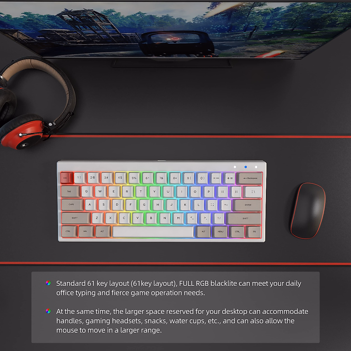 Ractous RTK61BP 60% Wireless Mechanical Gaming Keyboard,RGB Blacklit PBT Sublimation Keycaps 61keys Bluetooth5.1/Wried Gaming Keyboard for PC/Mac Gamers,Hot-Swap Gateron Optical Black Switch-White