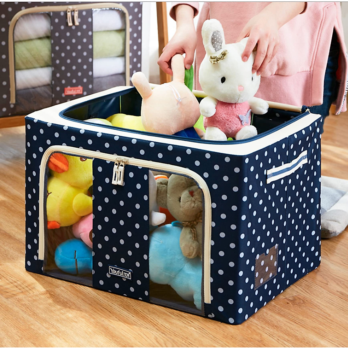 2 Pack 100L Foldable Storage Box with Transparent Double Window, Large Capacity Stackable Clothing Storage Box with Steel Frame and Metal Zipper and Carry Handles (100L, 2xUpgraded Blue Dots)