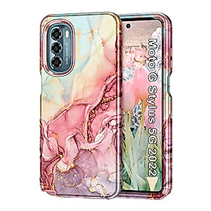 Btscase for Moto G Stylus 5G 2022 Case (NOT FIT 4G), Marble 3 in 1 Heavy Duty Shockproof Full Body Rugged Hard PC+Soft Silicone Drop Protective Women Girl Cover for Moto G Stylus 5G 2022, Rose Gold